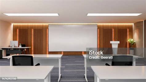 프레젠테이션 및 천장 Tv 모니터 3d 렌더링을 위한 대형 곡선 모니터 화면이 있는 대형 현대식 사무실 교육실 내부 0명에 대한 스톡 사진 및 기타 이미지 Istock