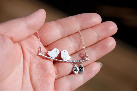 Silver Hand Stamped Initials Leaves Love Birds Swing Etsy