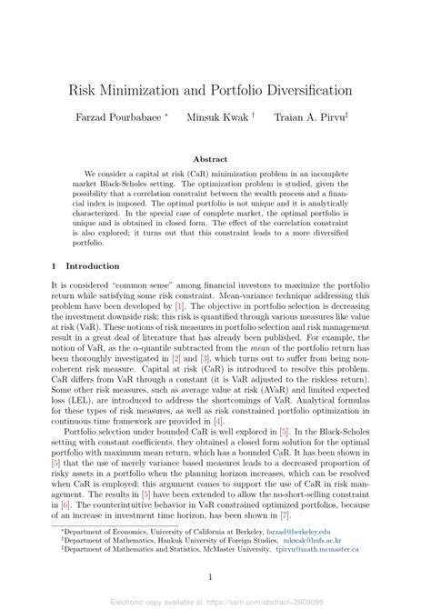 Pdf Risk Minimization And Portfolio Diversification