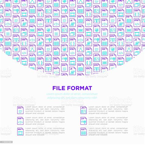 문서 Pdf Php Html  Png Txt Mov Eps Zip Css Js 얇은 라인 아이콘 파일 형식 개념 현대 벡터 일러스트레이션 인쇄 미디어 템플릿 파일에