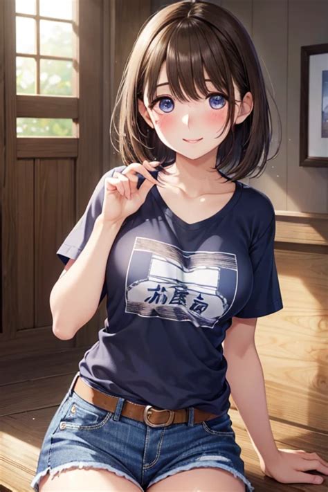 A Woman In A White Shirt And Blue Skirt Standing In A Room Seaart Ai