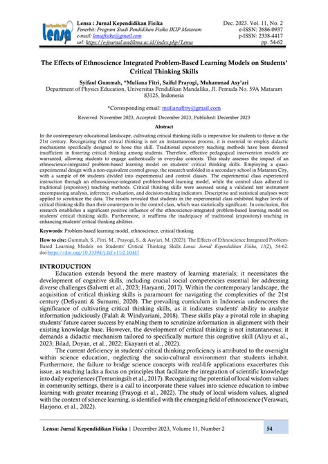 pdf the effects of ethnoscience integrated problem based learning