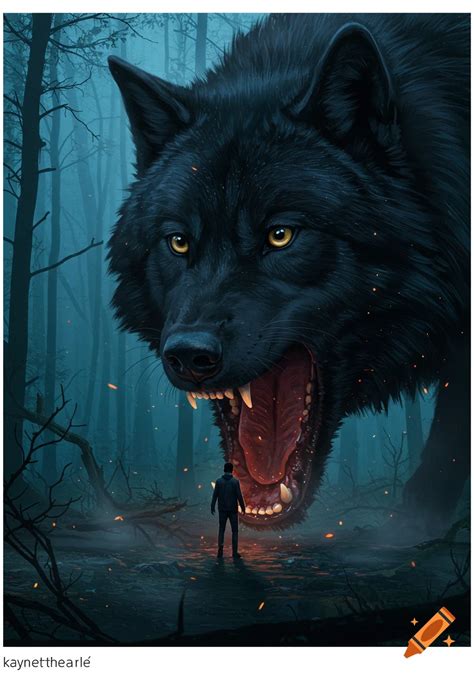 A Man Stands Before The Gaping Mouth Of A Giant Black Wolf In A Misty