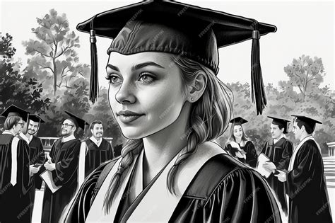 Ink Drawing University Graduate With Diploma Black And White Art
