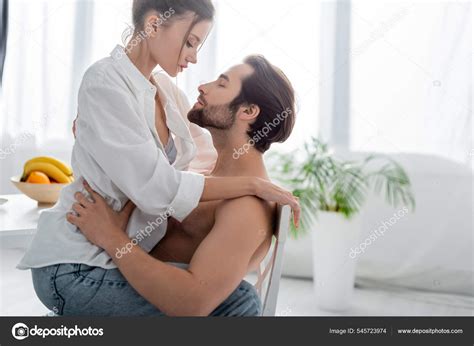 Side View Seductive Woman Sitting Bearded Shirtless Man Kitchen Stock Photo HayDmitriy