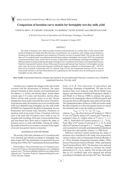 Pdf Comparison Of Lactation Curve Models For Fortnightly Test Day Milk Yield