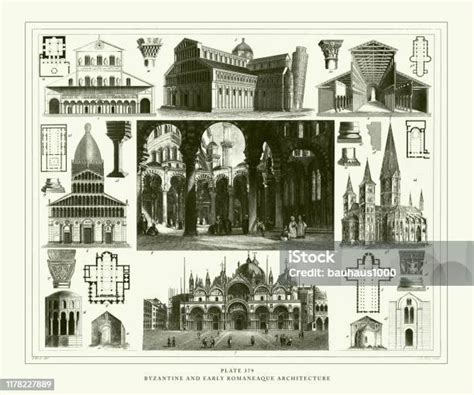 1851년 출판된 골동품 비잔틴 및 초기 로마네스크 양식의 건축 조각 골동품 일러스트레이션 0명에 대한 스톡 벡터 아트 및 기타 이미지 Istock