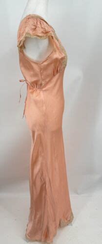 Antique 1930s 1940s Wwii Era Peach Satin Bias Lace Lingerie Nightgown