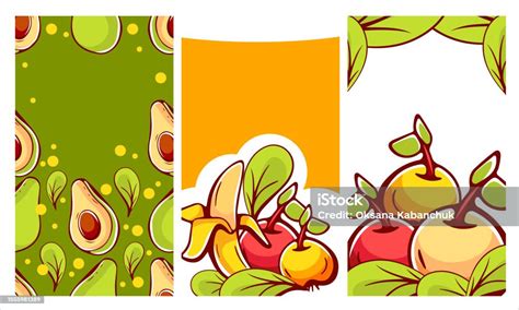 만화 만화 스타일의 과일 바나나 사과 아보카도를 주제로 한 벡터 패턴 세트입니다 가을에 대한 스톡 벡터 아트 및 기타 이미지 가을 건강한 식생활 계절 Istock