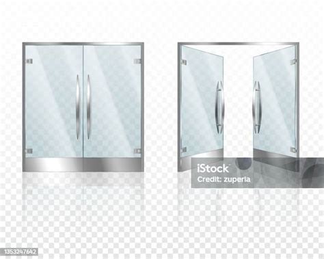 금속 손잡이가 있는 유리 문 사무실 출입구 부티크 외관 또는 매장 출입구 폐쇄 및 오픈 문에 대한 스톡 벡터 아트 및 기타