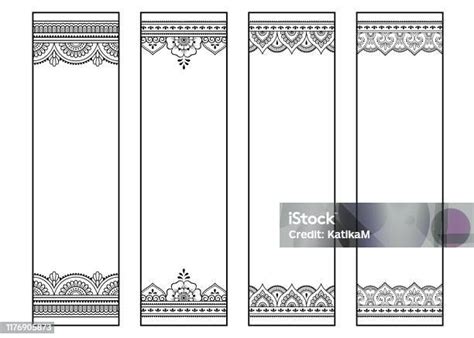 책 인쇄 북마크 색칠 꽃 무늬가 있는 흑백 라벨 세트 멘디 스타일로 손으로 그립니다 컬러 연필어린이와 어른의 창의력을 위한 장식품 스케치 검은색에 대한 스톡 벡터 아트 및