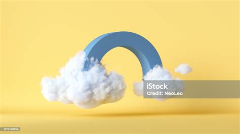 노란색 배경에 격리 된 파란색 둥근 아치와 연결된 3d 렌더링 흰색 푹신한 구름 현대 미니멀 한 장면 추상적 은유 0명에 대한 스톡 사진 및 기타 이미지 Istock