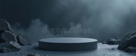 Abstract Product Display Podium With Rocks And Cloudy Background