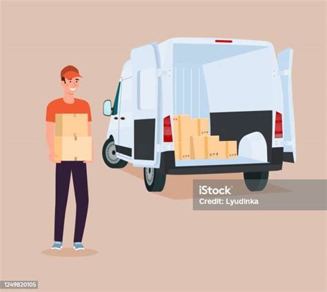 배달 작업자가 화물 밴에 상자를 적재합니다 벡터 그림입니다 배달부에 대한 스톡 벡터 아트 및 기타 이미지 배달부 열기 열다 Istock