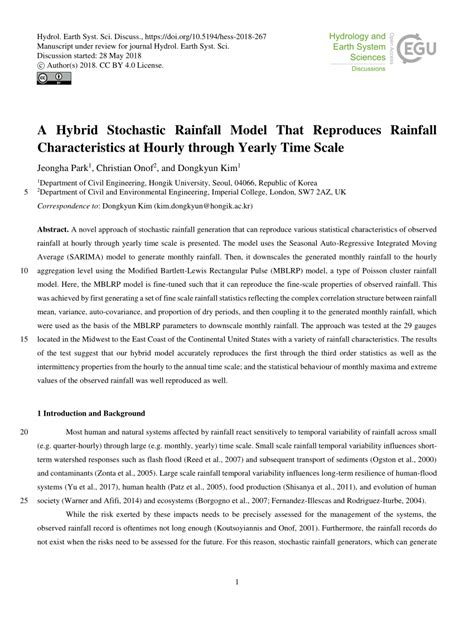 Pdf A Hybrid Stochastic Rainfall Model That Reproduces Rainfall Characteristics At Hourly