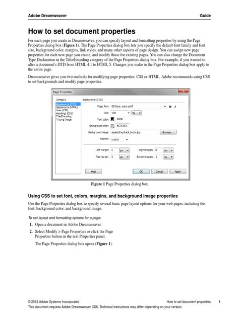 How To Set Document Properties Adobe Dreamweaver Guide Pdf Html Page Layout