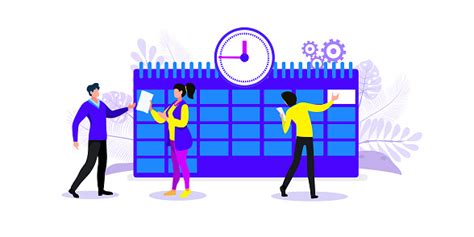 사람들은 태블릿에서 온라인 일정을 잡습니다 벡터 디자인 비즈니스 그래픽 작업 일주일에 일정 개념을 계획하는 사람들 캘린더 스케줄 은 충진 코스 캠페인으로 계획합니다 인터넷에