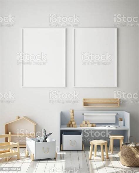어린이 침실 스칸디나비아 스타일 인테리어 배경 3d 렌더링에 포스터 프레임을 모의 아기방에 대한 스톡 사진 및 기타 이미지 아기방 프레임 0명 Istock