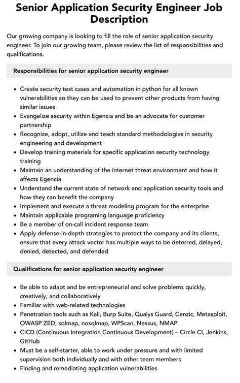 Senior Application Security Engineer Job Description Velvet Jobs
