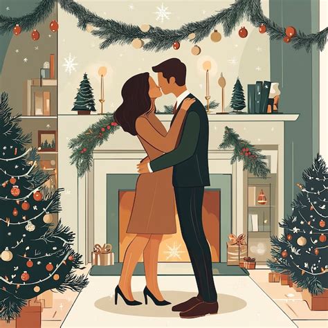 Romantic Christmas Kiss Under Mistletoe In Cozy Setting Mistletoe