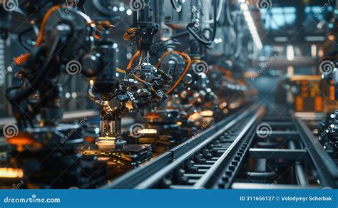 Cyborg Control Robot Assembly Line In Car Factory Stock Image Image
