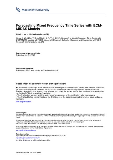 Pdf Forecasting Mixed‐frequency Time Series With Ecm‐midas Models