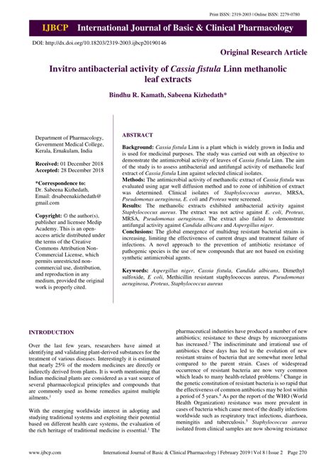 Pdf Invitro Antibacterial Activity Of Cassia Fistula Linn Methanolic