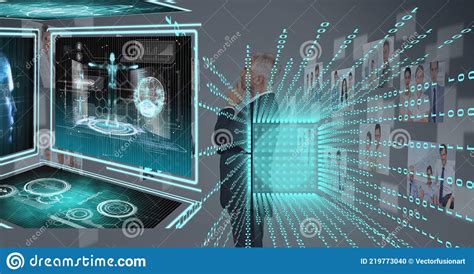 Composition Of Binary Coding Over Businessman Looking At Screen With Medical Digital Data Stock