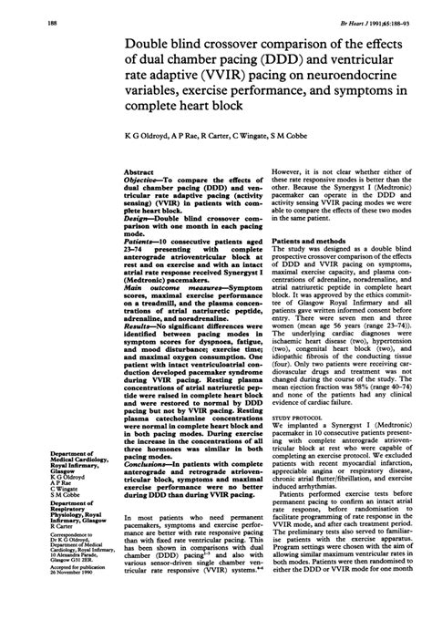 Pdf Double Blind Crossover Comparison Of The Effects Of Dual Chamber Pacing Ddd And