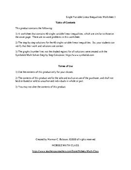 Single Variable Linear Inequalities Worksheet By NCBEEZ MATH CLASS