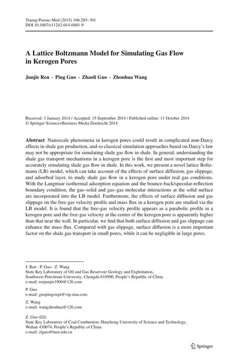 Pdf A Lattice Boltzmann Model For Simulating Gas Flow In Kerogen Pores