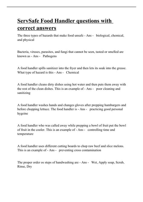 Servsafe Food Handler Test Answers Bethany O Hunter