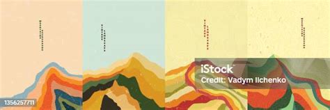 벡터 그림입니다 중반 세기 현대 그래픽 50 년대 60 년대 복고풍 예술 그런지 긁힌 텍스처 미니멀 한 산 풍경 포스터 초대 장
