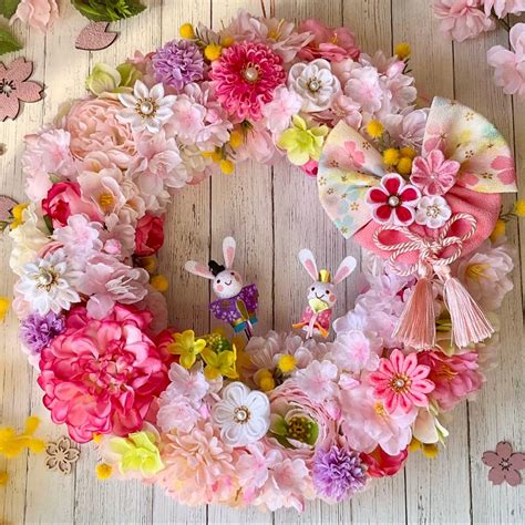 春リース 桜とミモザand菜の花リース ひな祭り 桜リース 満開桜リース メルカリ