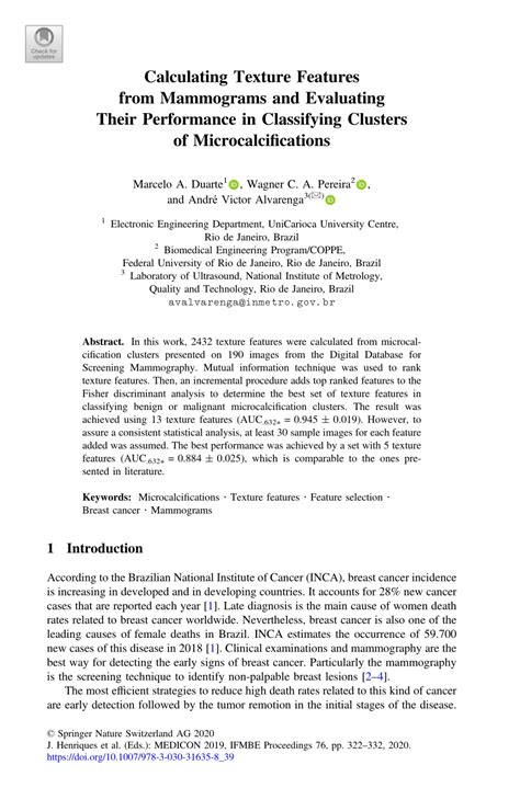 Pdf Calculating Texture Features From Mammograms And Evaluating Their Performance In