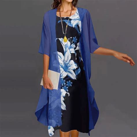 2 Piece Set Women 3 4 Sleeve Floral Flowy Midi Dresses With Jacket
