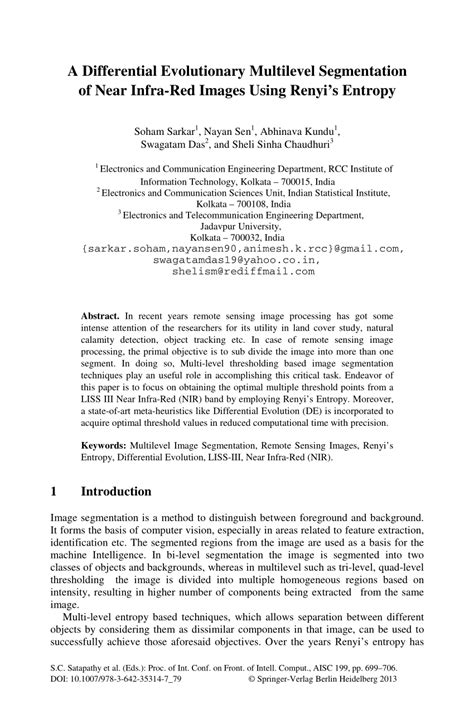 Pdf A Differential Evolutionary Multilevel Segmentation Of Near Infra Red Images Using Renyis