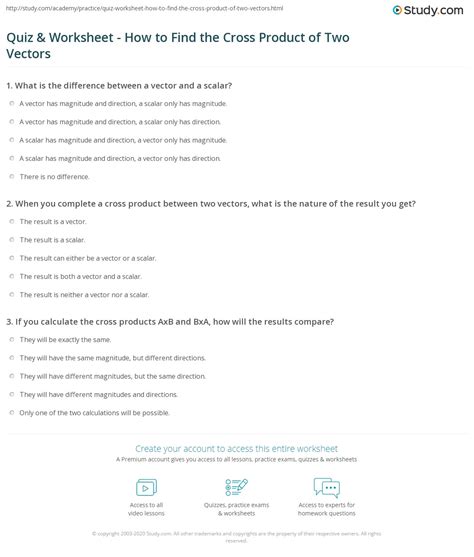 Quiz And Worksheet How To Find The Cross Product Of Two Vectors