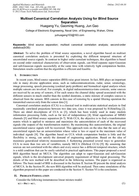 Multiset Canonical Correlation Analysis Using For Blind Source Separation Scientificnet