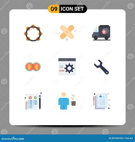 Modern Set Of 9 Flat Colors Pictograph Of Coding Man Ambulance Duplicate Face Stock Vector