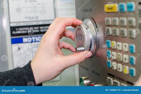 Button On The Cnc Machine Stock Image Image Of Closeup 114060173