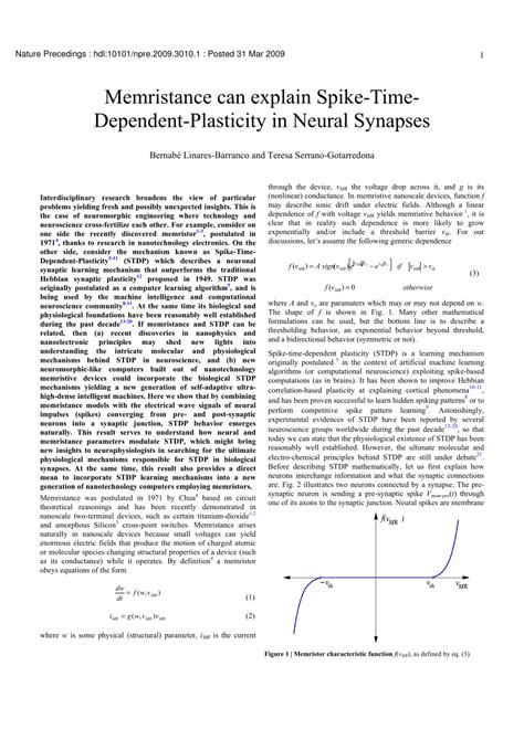 Pdf Memristance Can Explain Spike Time Dependent Plasticity In Neural