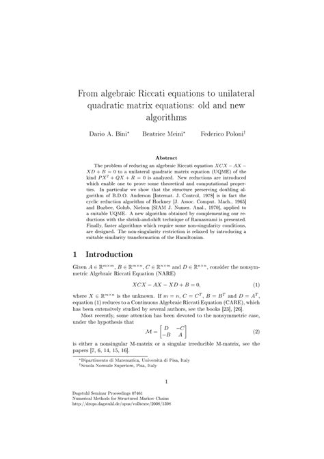 Pdf From Algebraic Riccati Equations To Unilateral Quadratic Matrix