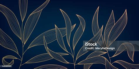 벡터 황금은 식물 현대 아르 데코 벽지 배경을 나뭇잎 인테리어 디자인 섬유 패턴 텍스처 포스터 패키지 포장지 선물 등을위한 라인 디자인 사치 일본식 호화로움에 대한 스톡