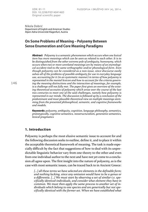 Pdf On Some Problems Of Meaning Polysemy Between Sense Enumeration And Core Meaning Paradigms