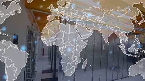 Animation Of Falling Lens Flares And Map Over Data Server Room Stock Footage Video Of