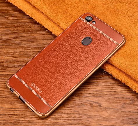 Vaku Oppo F Leather Stitched Gold Electroplated Soft TPU Back Cover F Oppo Mobile