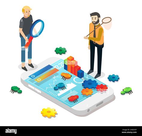 people catching bugs on smarphone screen vector isometric illustration