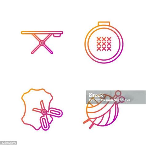 뜨개질 바늘 가위 및 가죽 다림질 보드 및 라운드 조절 가능한 자수 후프가 있는 세트 라인 원사 볼 그라데이션 색상 아이콘입니다 벡터 가사 집안일에 대한 스톡 벡터 아트 및