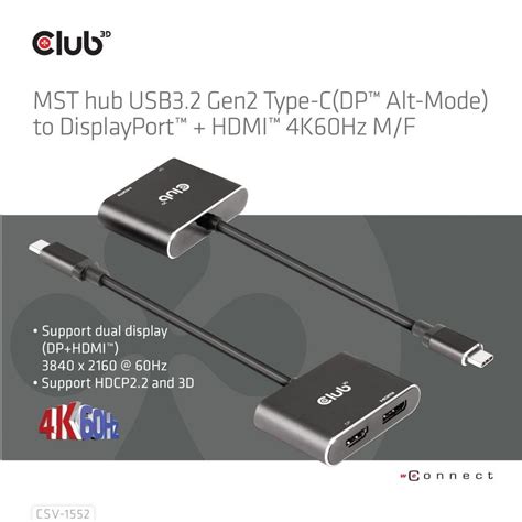 Club D Hub MST Multi Stream Transport USB Gen Type C DP Alt Mode Na DisplayPort HDMI